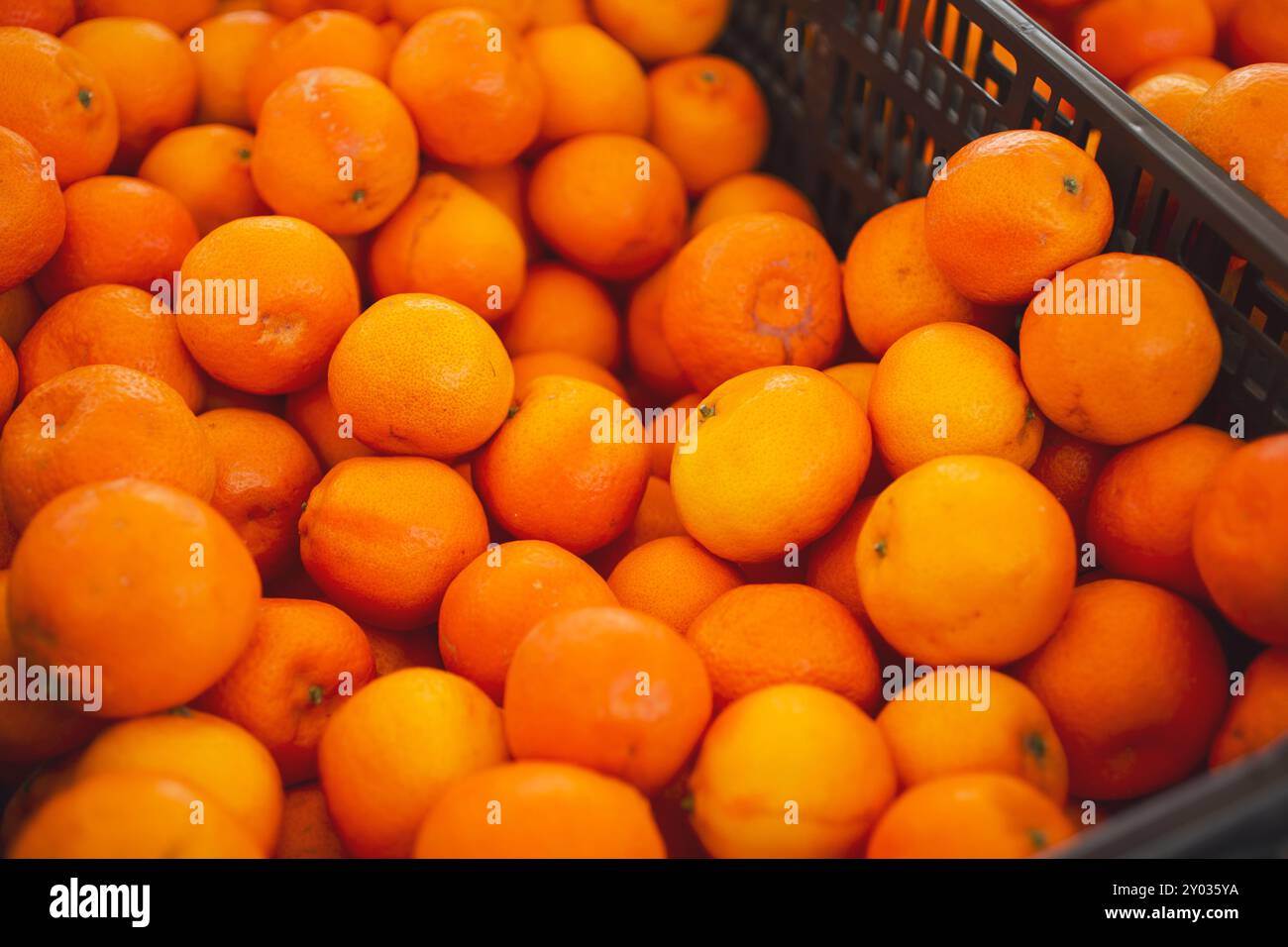 A view of a crate full of tangerines, on display at a local farmers ...