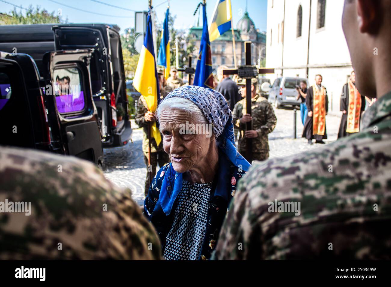 Lviv, Ukraine, August 31, 2024 Military funeral ceremony at the Church ...