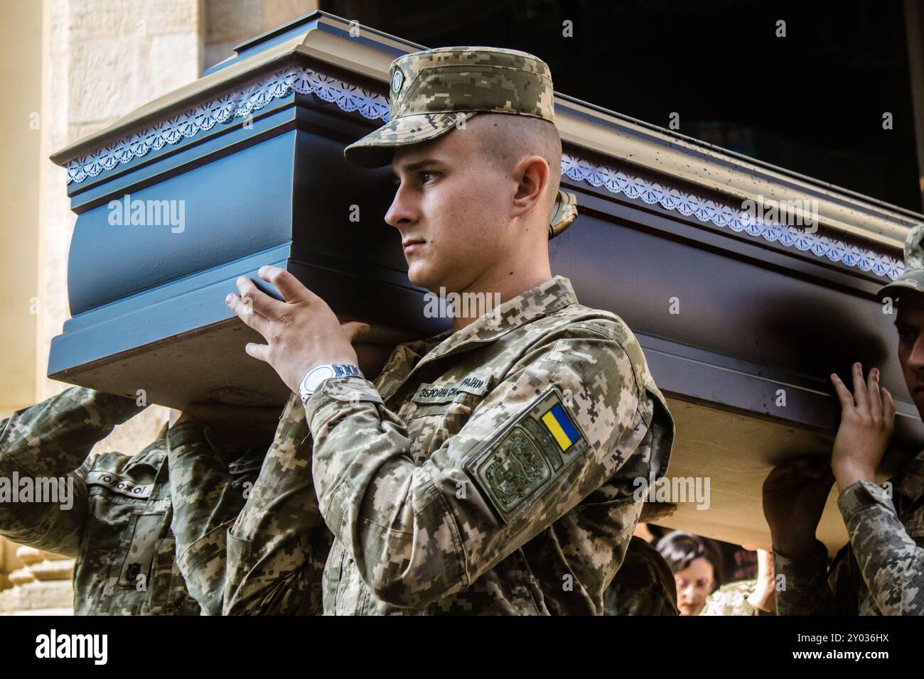 Lviv, Ukraine, August 31, 2024 Military funeral ceremony at the Church ...