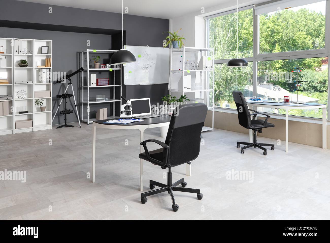 Interior of laboratory with desks, shelf units and whiteboard Stock ...