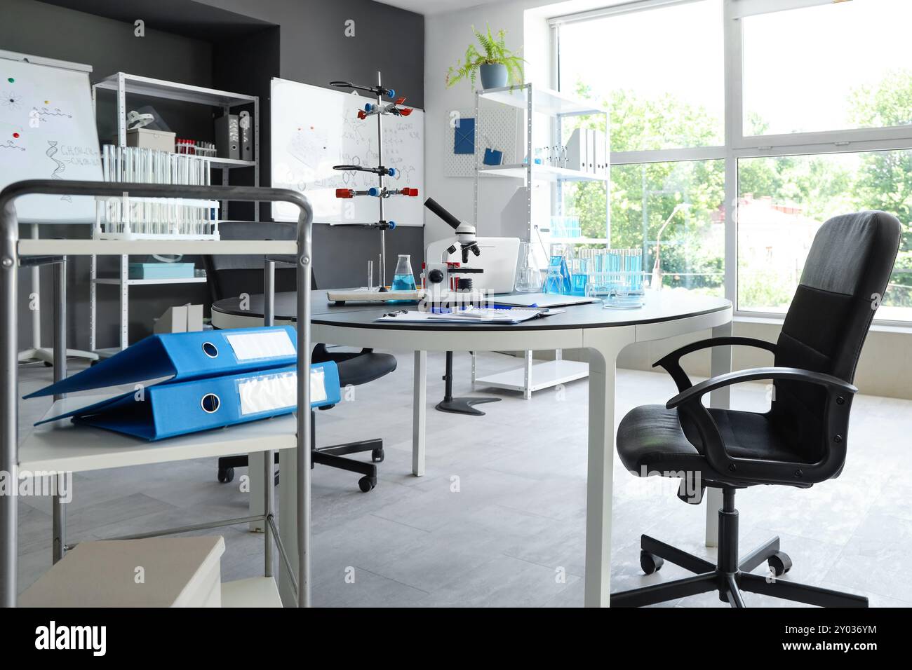 Interior of laboratory with workplace and shelf units Stock Photo - Alamy
