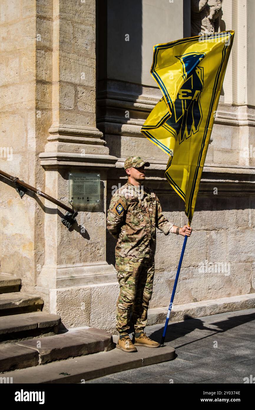 Lviv, Ukraine, August 31, 2024 Military funeral ceremony at the Church ...