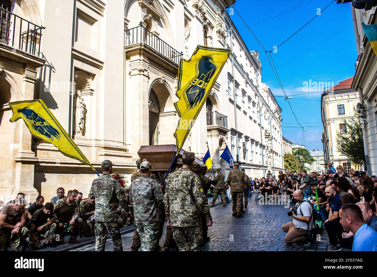 Lviv, Ukraine, August 31, 2024 Military funeral ceremony at the Church ...