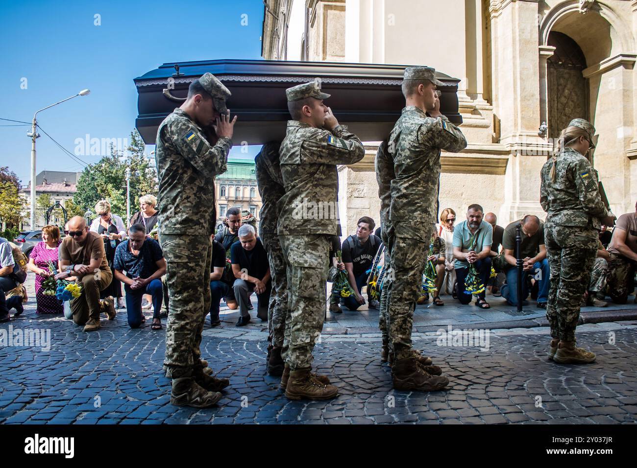 Lviv, Ukraine, August 31, 2024 Military funeral ceremony at the Church ...