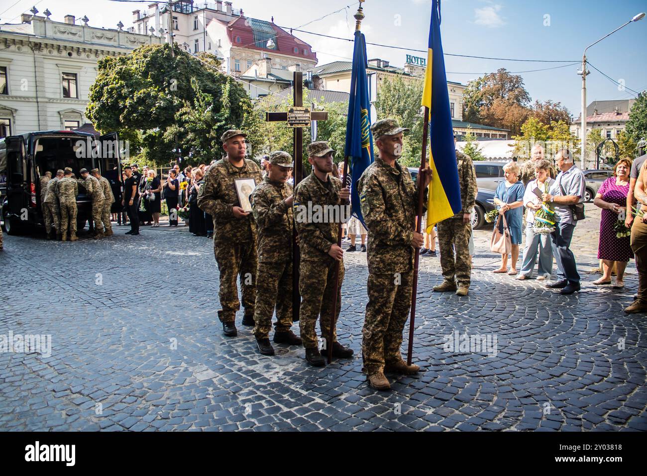 Lviv, Ukraine, August 31, 2024 Military funeral ceremony at the Church ...