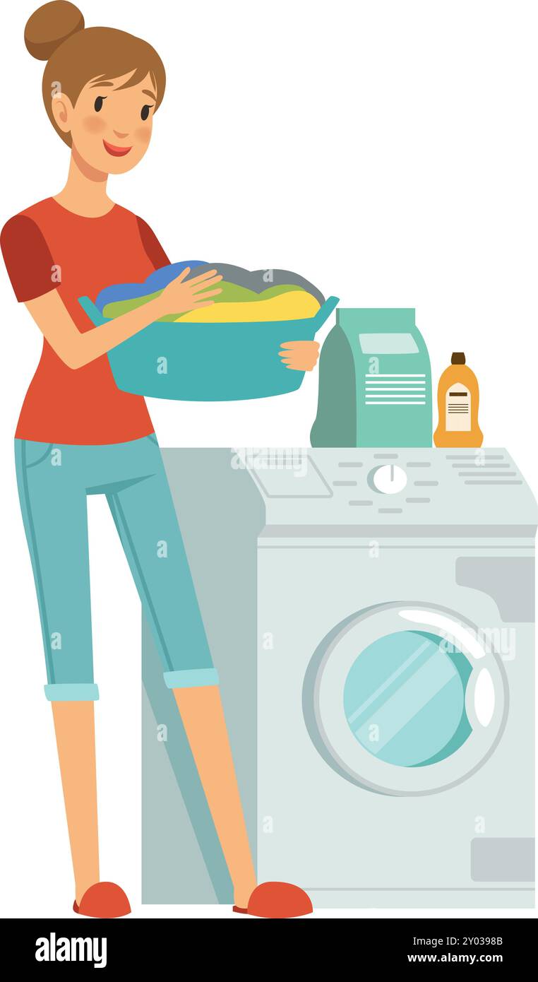Woman doing laundry. Housekeeping person washing clothes Stock Vector ...