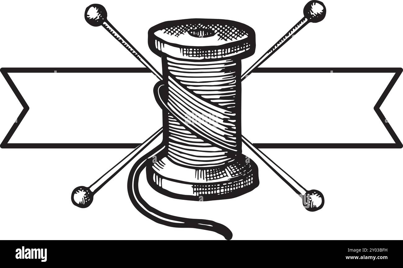 Thread spool logo with blank ribbon banner. Hand drawn template Stock ...