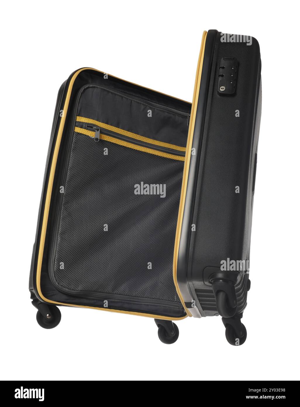 Open empty suitcase for travelling in air isolated on white Stock Photo ...