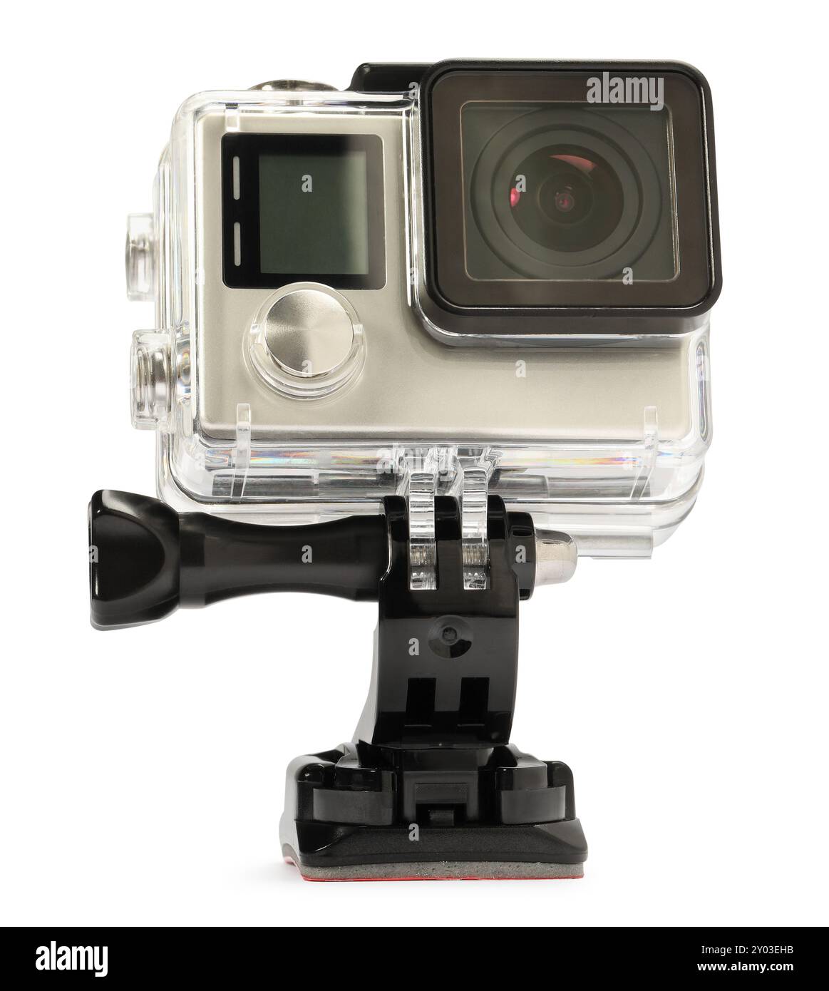 Modern action camera and mount isolated on white Stock Photo - Alamy