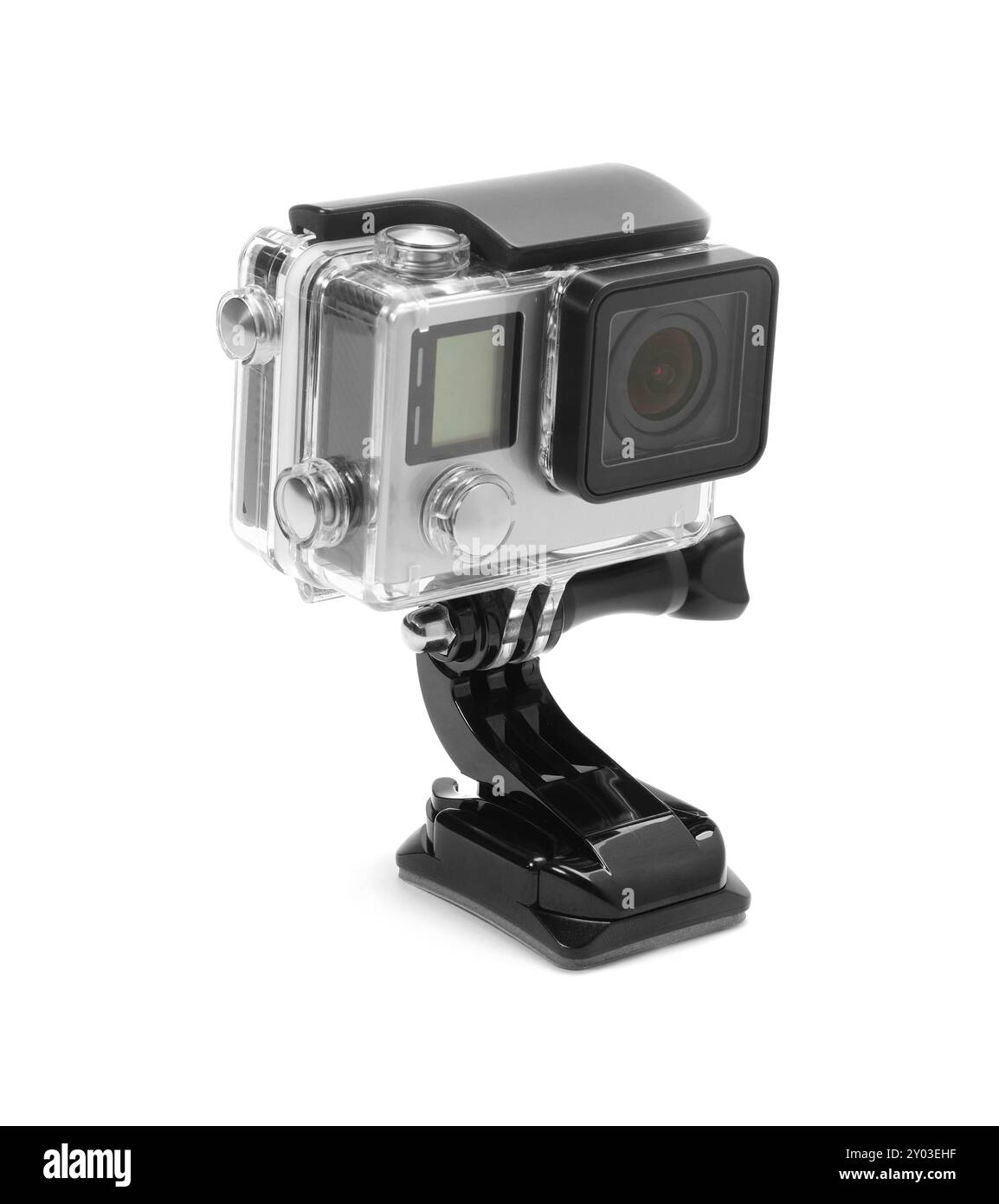 Modern action camera and mount isolated on white Stock Photo - Alamy