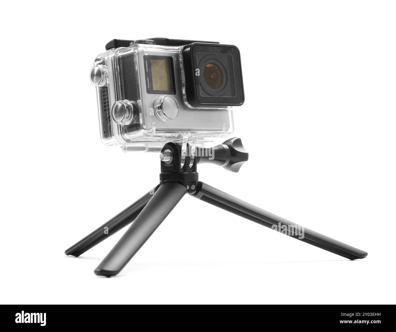 Modern action camera and tripod isolated on white Stock Photo - Alamy
