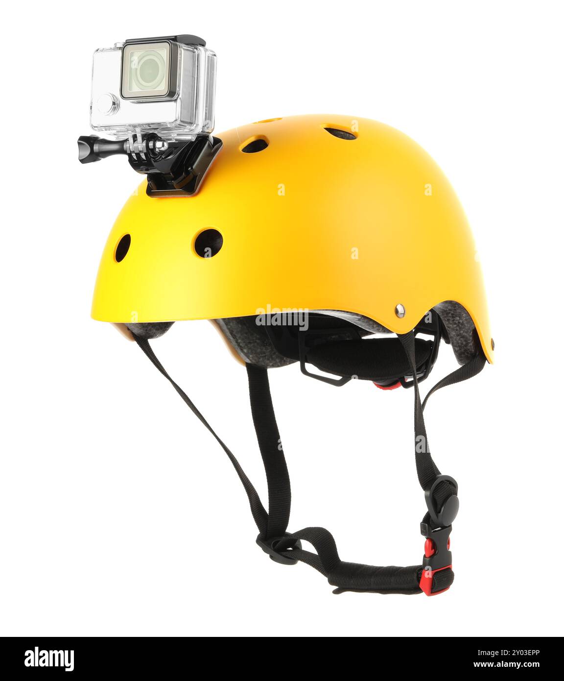 Modern action camera on helmet against white background Stock Photo - Alamy