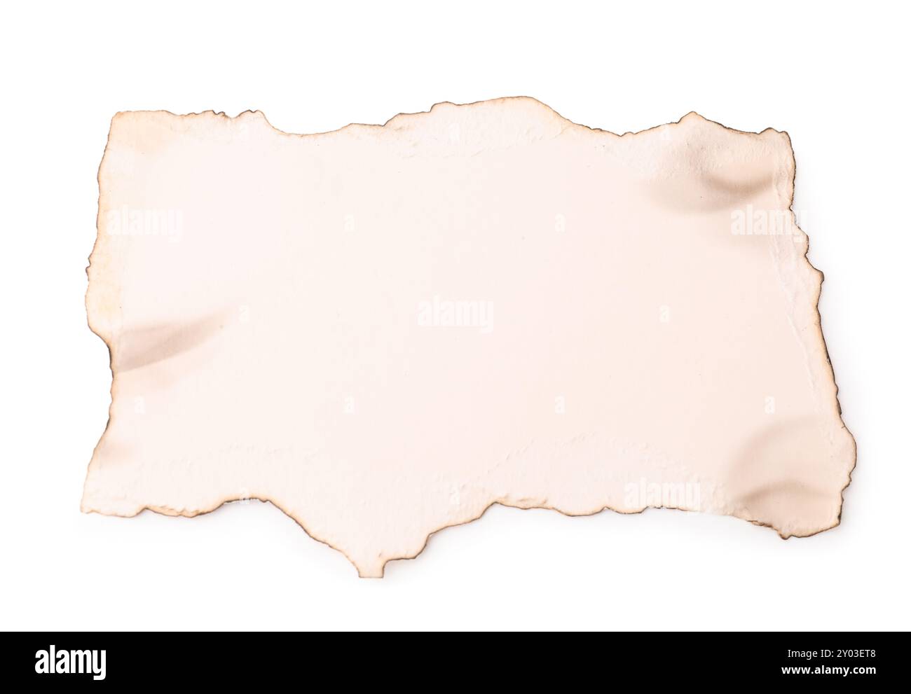 Piece of old paper with dark burnt borders isolated on white, top view ...