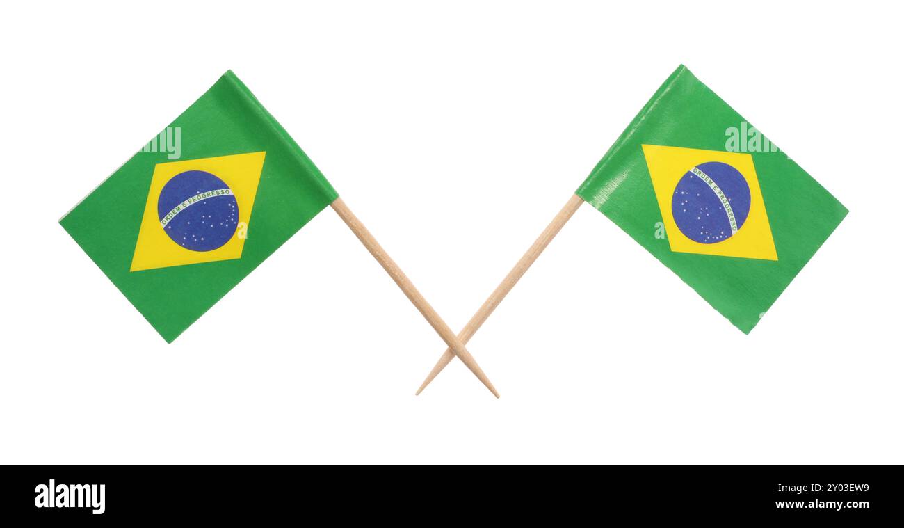 Small paper flags of Brazil isolated on white Stock Photo - Alamy