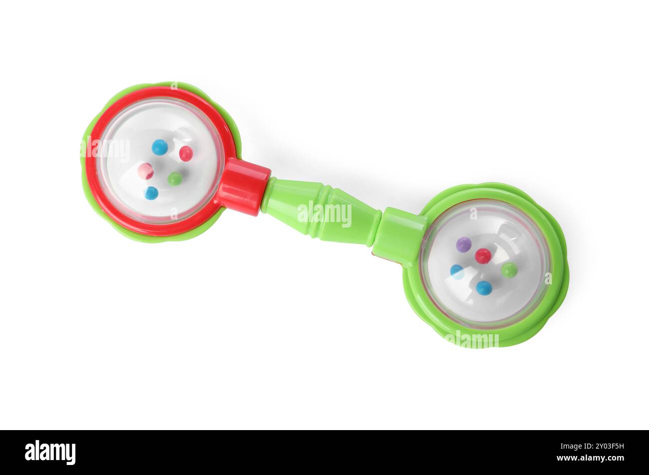 Colorful rattle isolated on white, top view. Baby accessory Stock Photo ...
