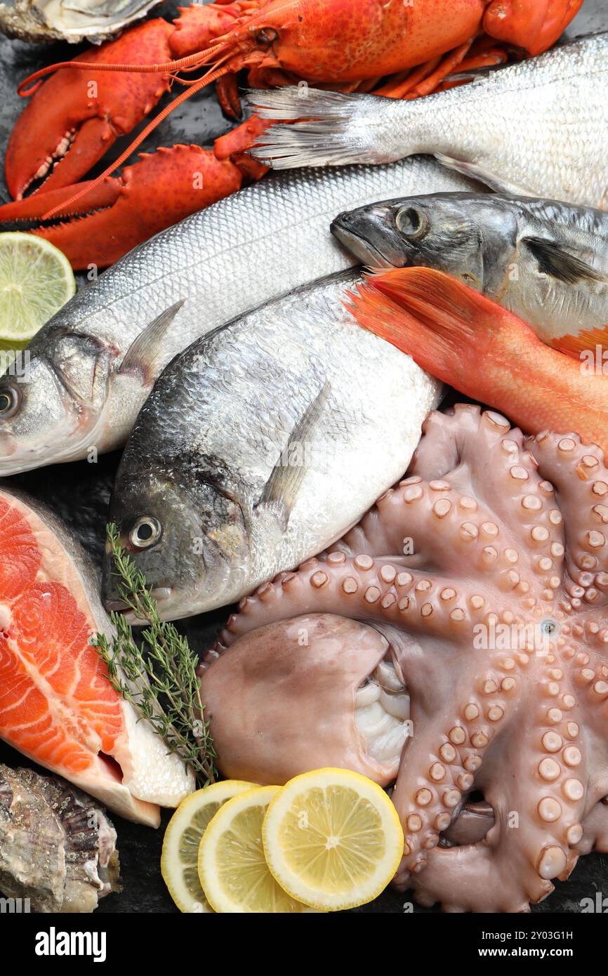 Whole fresh raw octopus, fish and other sea food as background, flat ...