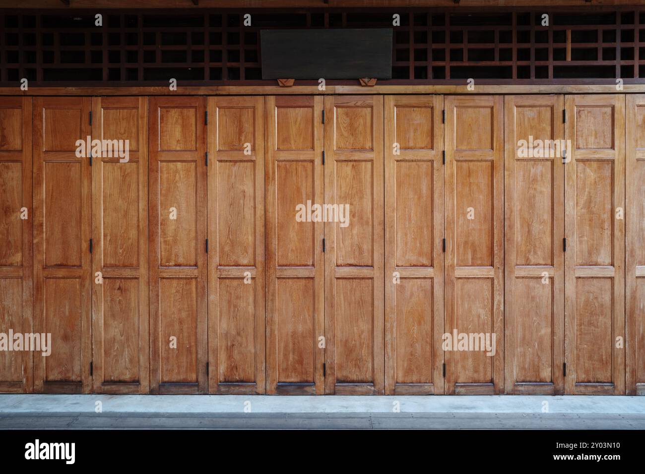 A full-frame view of traditional wooden panel doors showcasing a ...