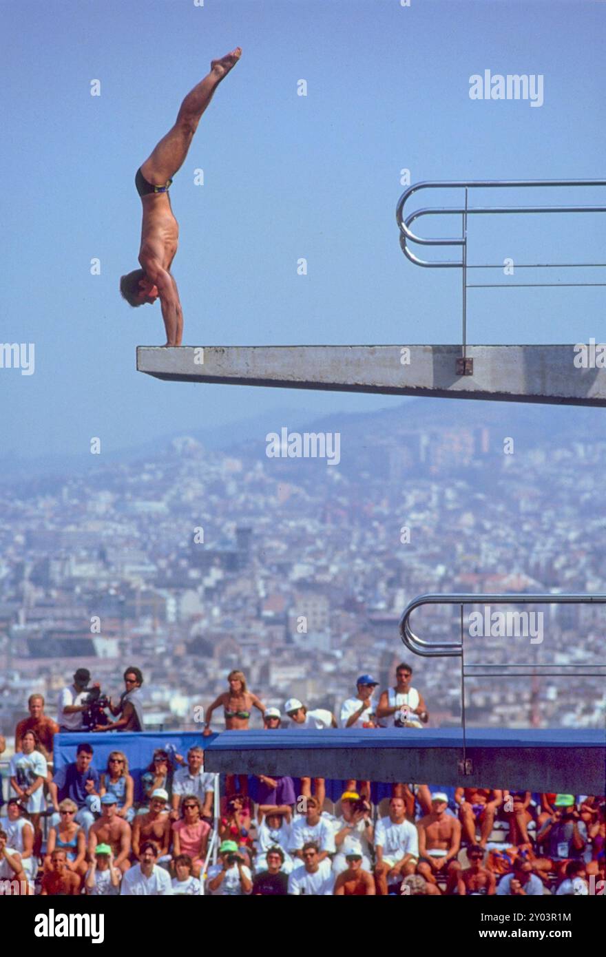Male diver on the outdoor platform at the 1992 Olympics in Barcelona ...