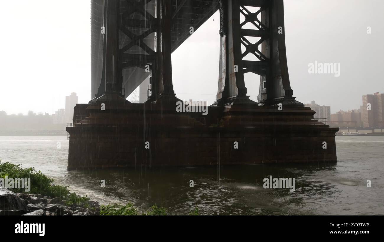 Rainy New York City under Manhattan Bridge in Brooklyn. Waterfront ...