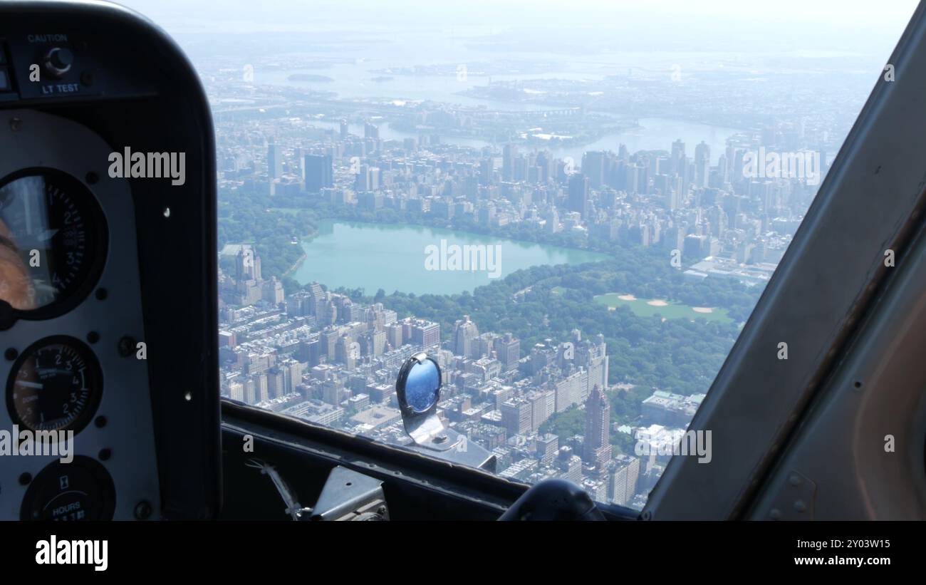 New York City helicopter cabin flight, heli cockpit flying over ...