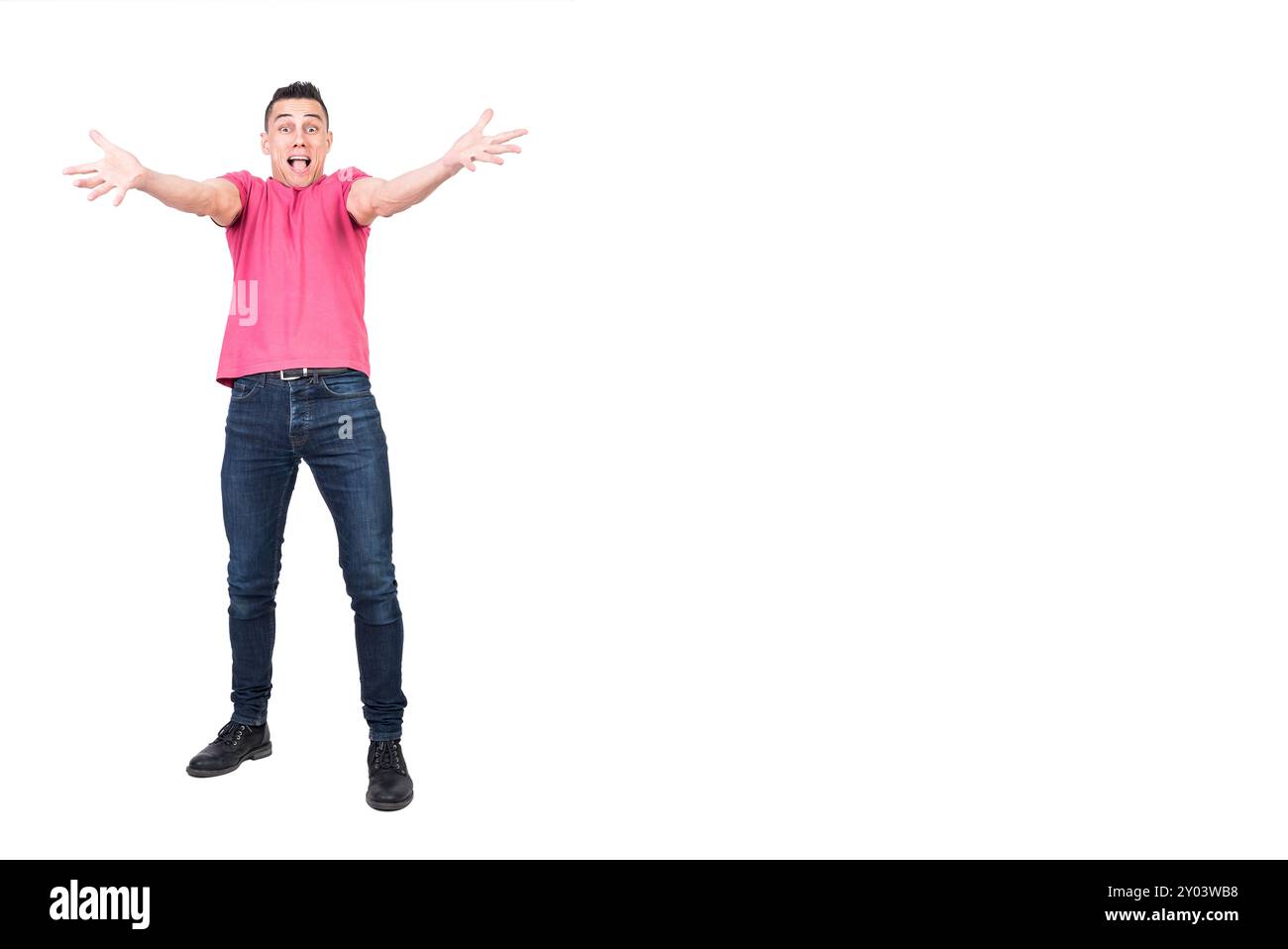 Excited man trying to hug camera. White background Stock Photo - Alamy