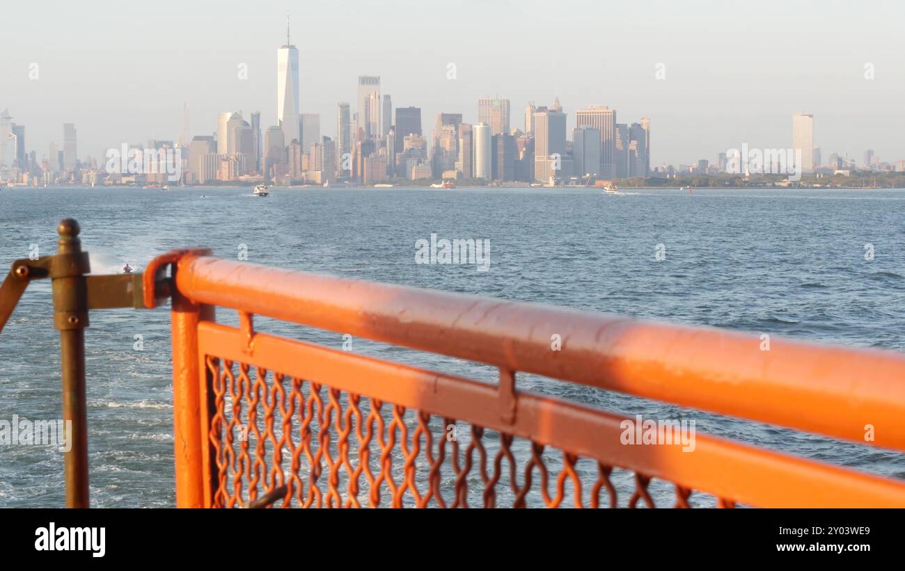 New York City skyline from ferry boat to Staten Island. Manhattan ...