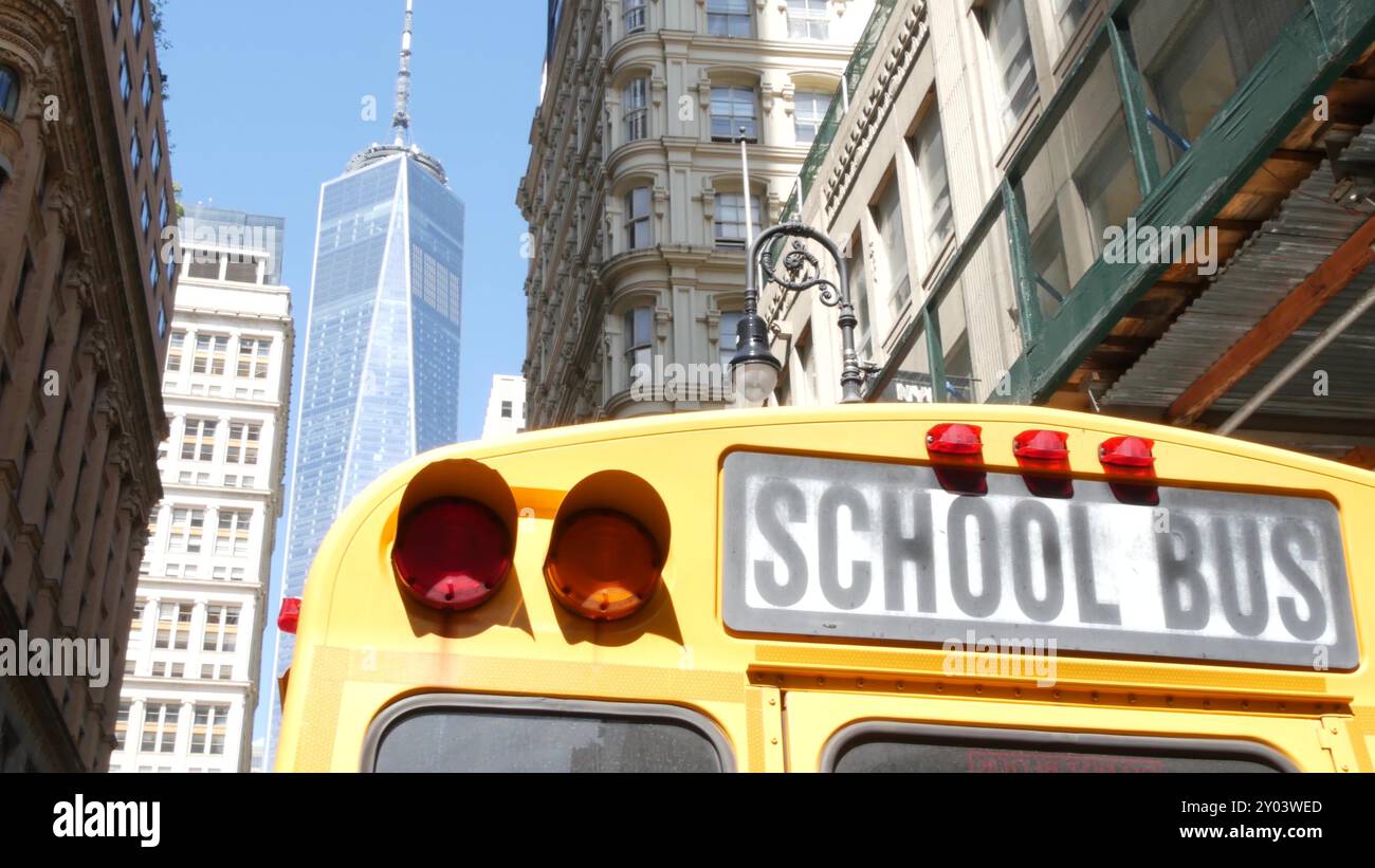 Yellow School Bus. Schoolbus back view on Fulton street, New York City ...