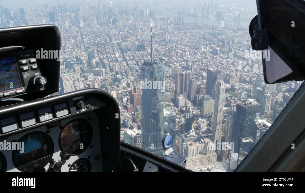 New York City helicopter cabin flight, heli cockpit flying over ...
