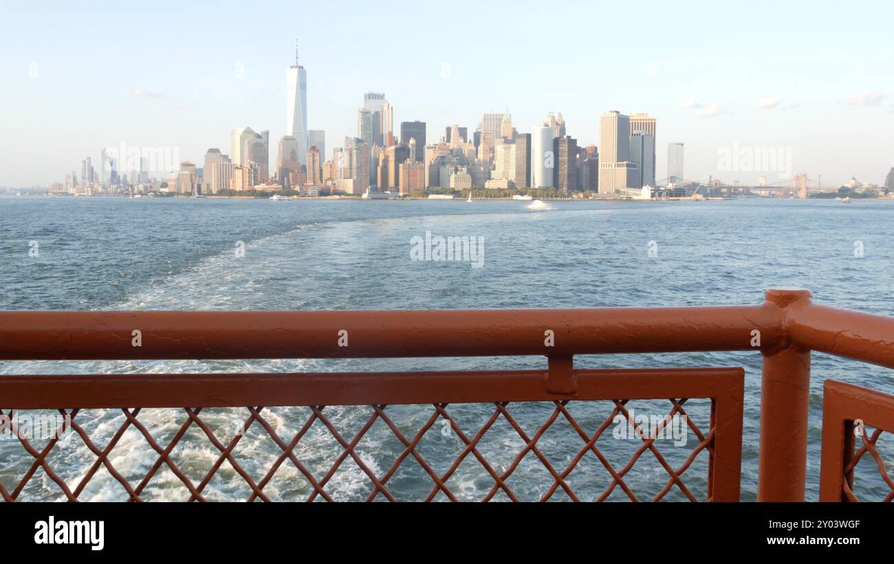 New York City skyline from ferry boat to Staten Island. Manhattan ...