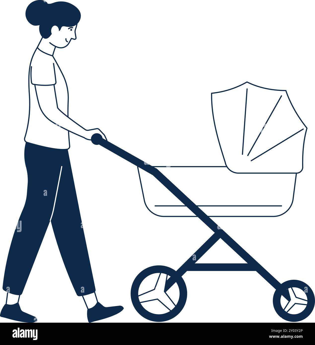 Happy woman pushing baby carriage. Stroller walk Stock Vector Image ...