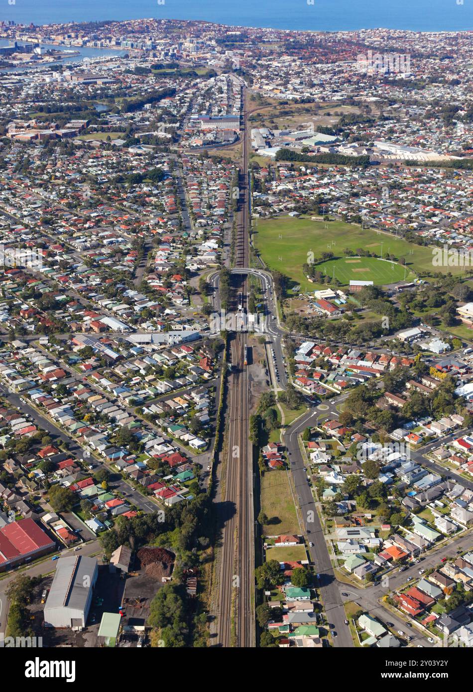 Aerial view along the main rail line into Newcastle NSW Australia ...