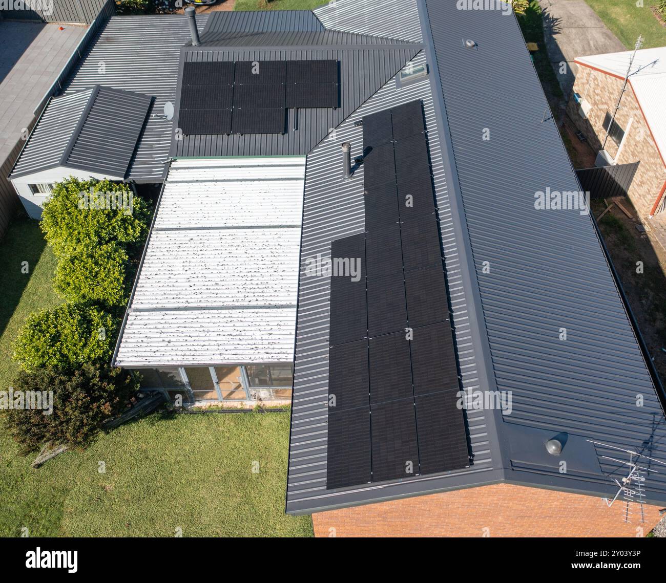 Aerial view of typical residential solar installation in Australia ...