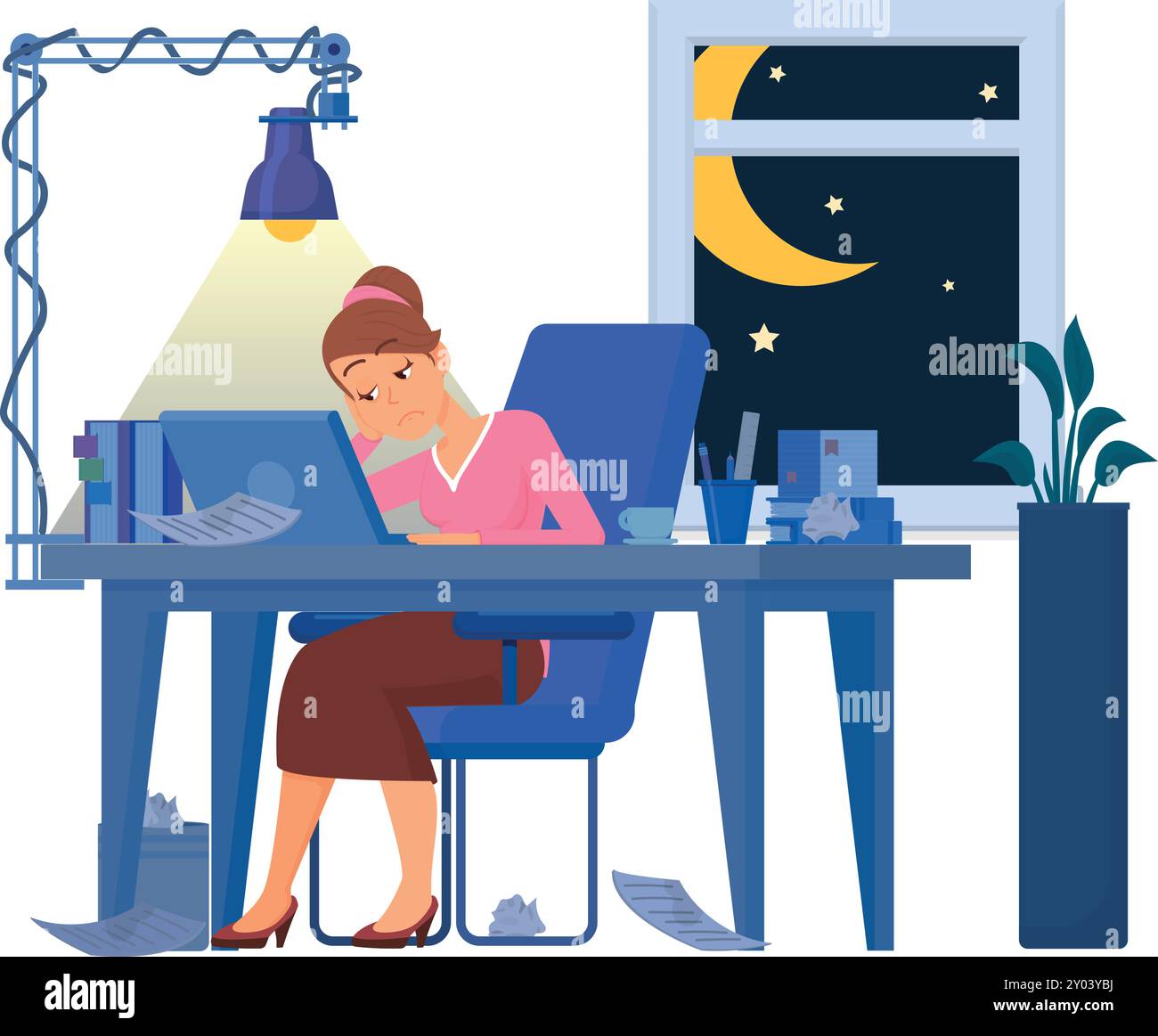 Woman work late. Night overtime exhausted person Stock Vector Image ...