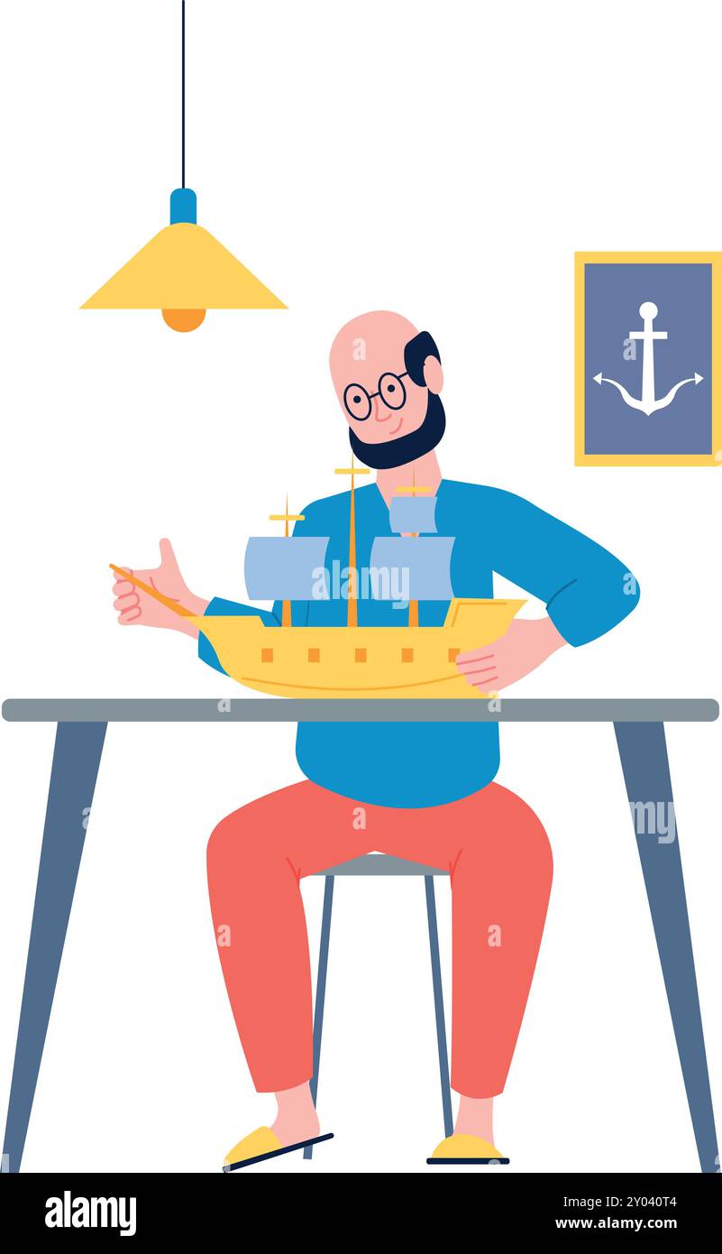 Man building ship model. Creative hobby concept Stock Vector Image ...