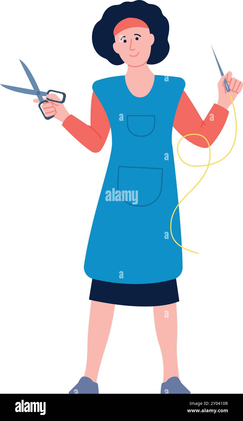 Seamstress color character. Professional sewing woman with scissors and ...