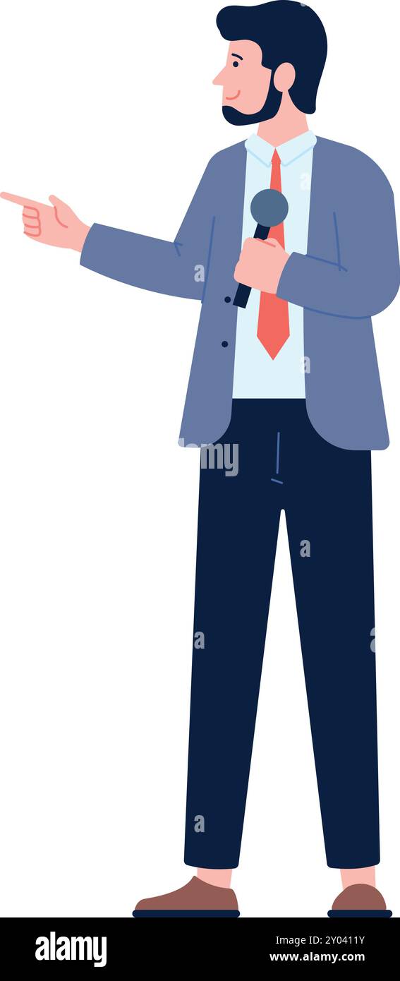 Man hold microphone. Tv host or reporter character Stock Vector Image ...