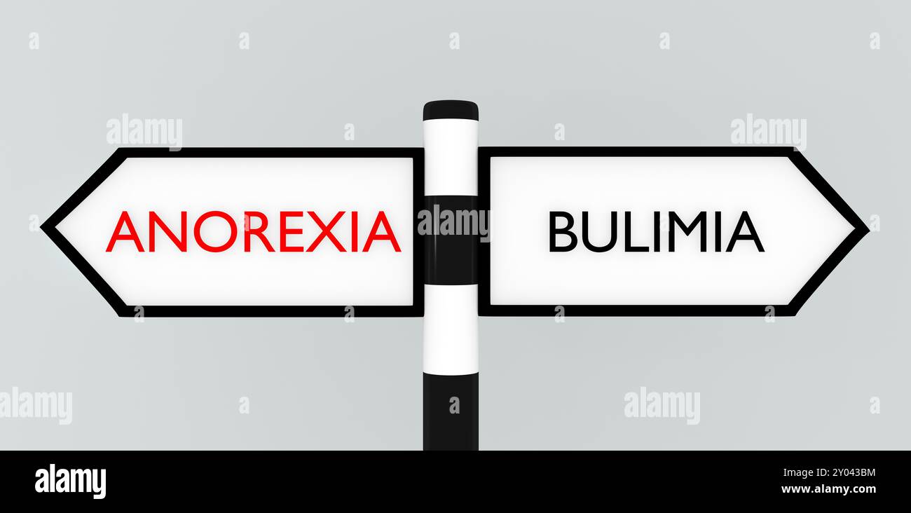 3D illustration of two road signs pointing to opposite directions. on ...