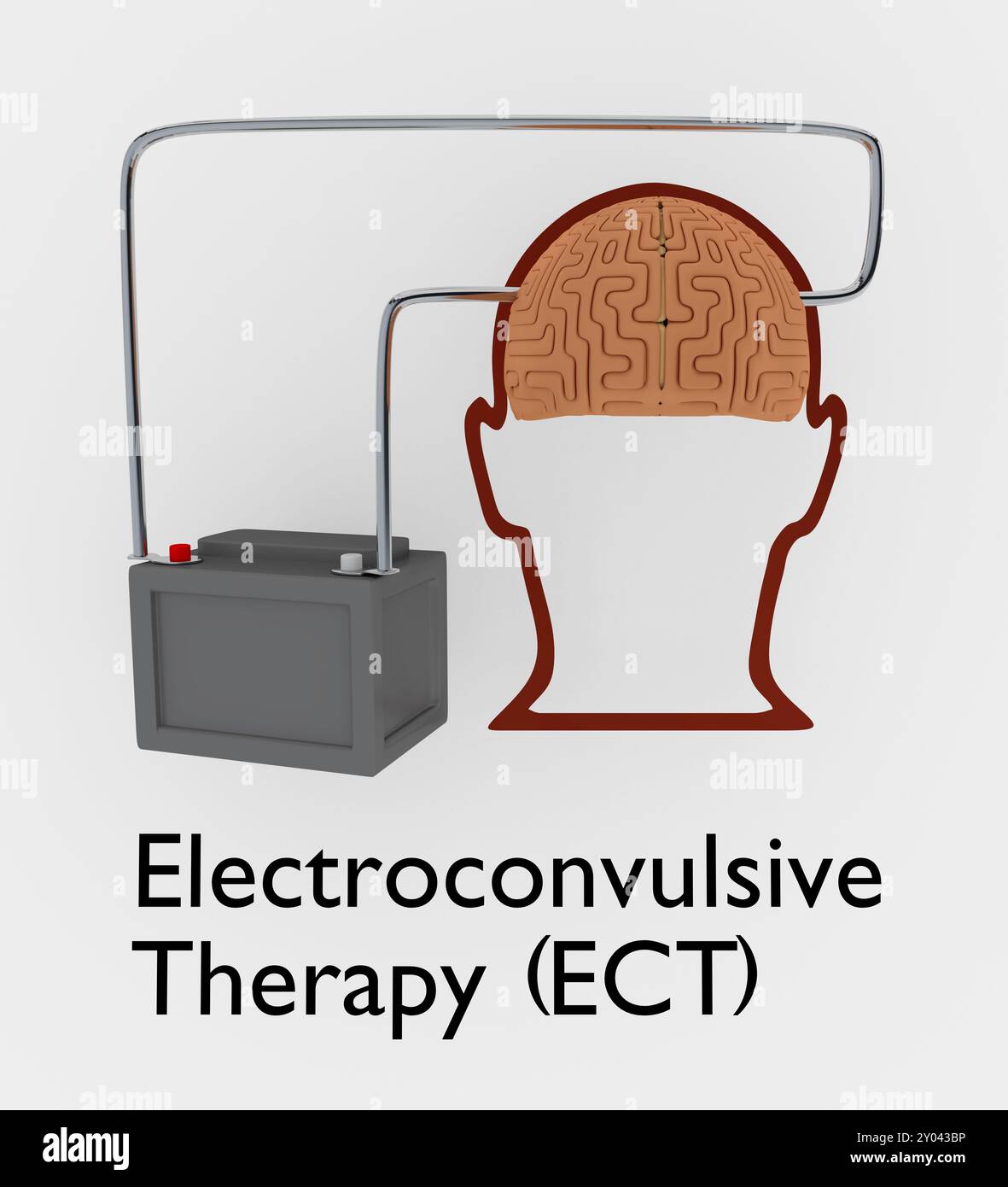 3D illustration of an electric battery connected to a human brain ...