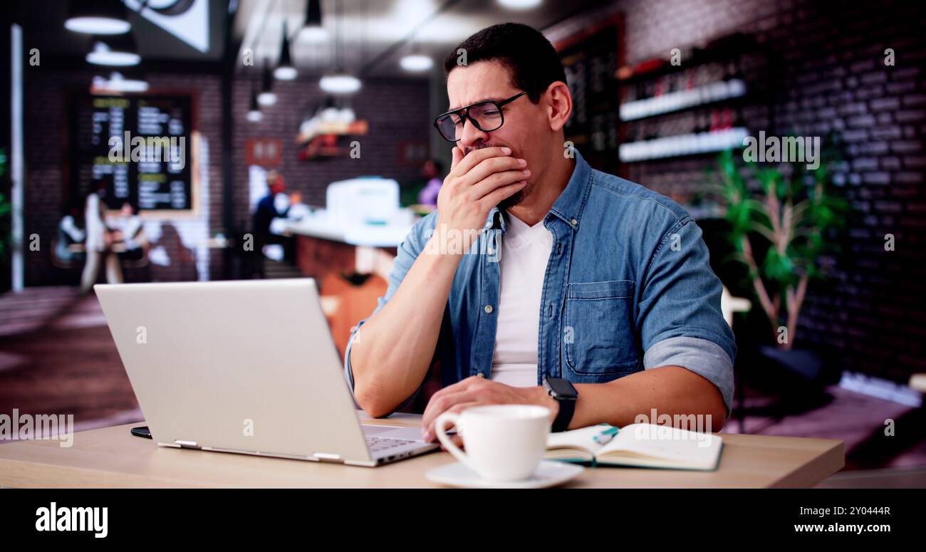 Tired Student Yawning In Coffee Shop. Overload And Pressure Stock Photo ...