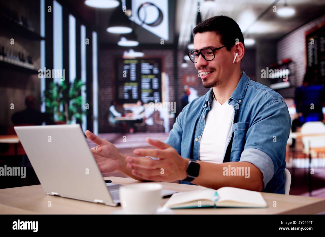 Elearning Video Conference Meeting In Coffee Shop Stock Photo - Alamy