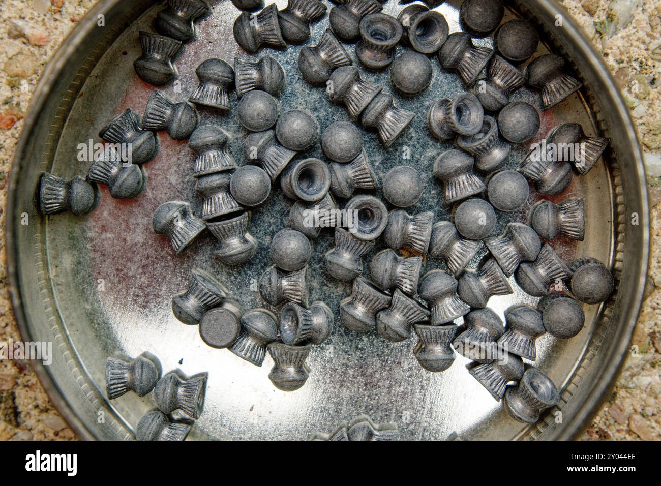 Small caliber lead air gun pellets in a tin can Stock Photo - Alamy