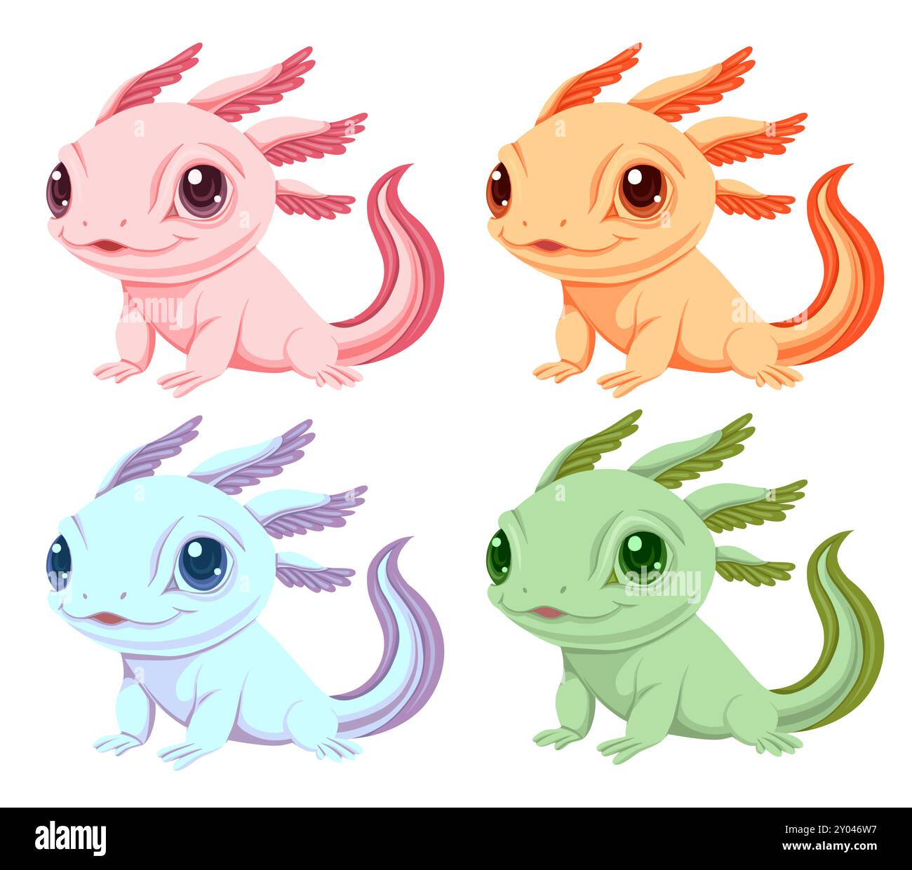 Vector set of cute colorful axolotls cliparts in cartoon style isolated ...