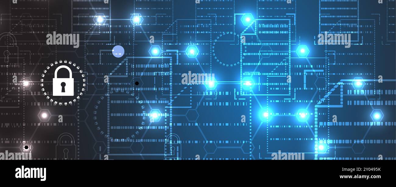 Cyber security landscape with glowing holographic folgers and data ...
