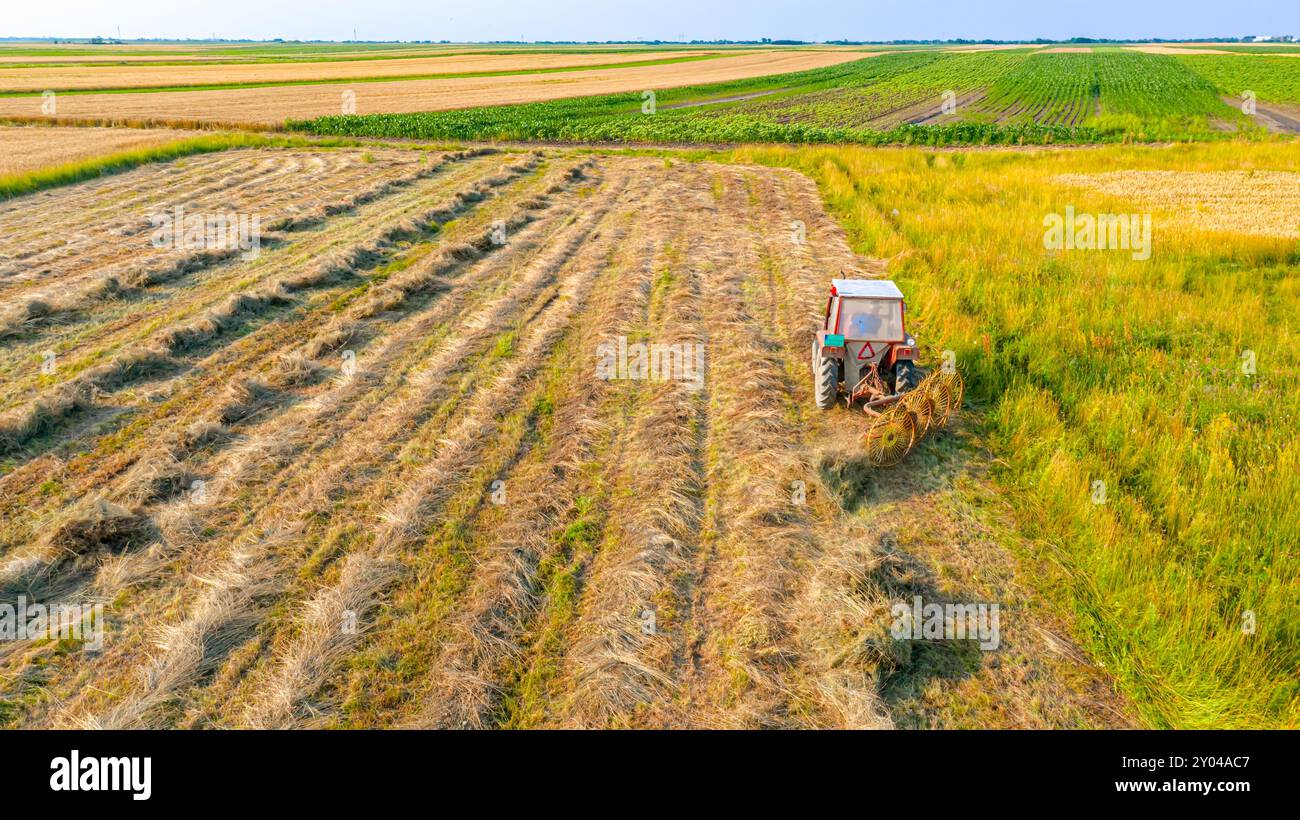 Tractor with attached mechanical rake is turning and gathering dry ...
