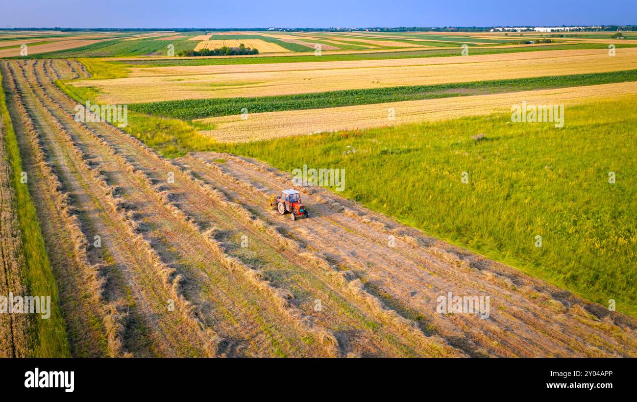Tractor with attached mechanical rake is turning and gathering dry ...