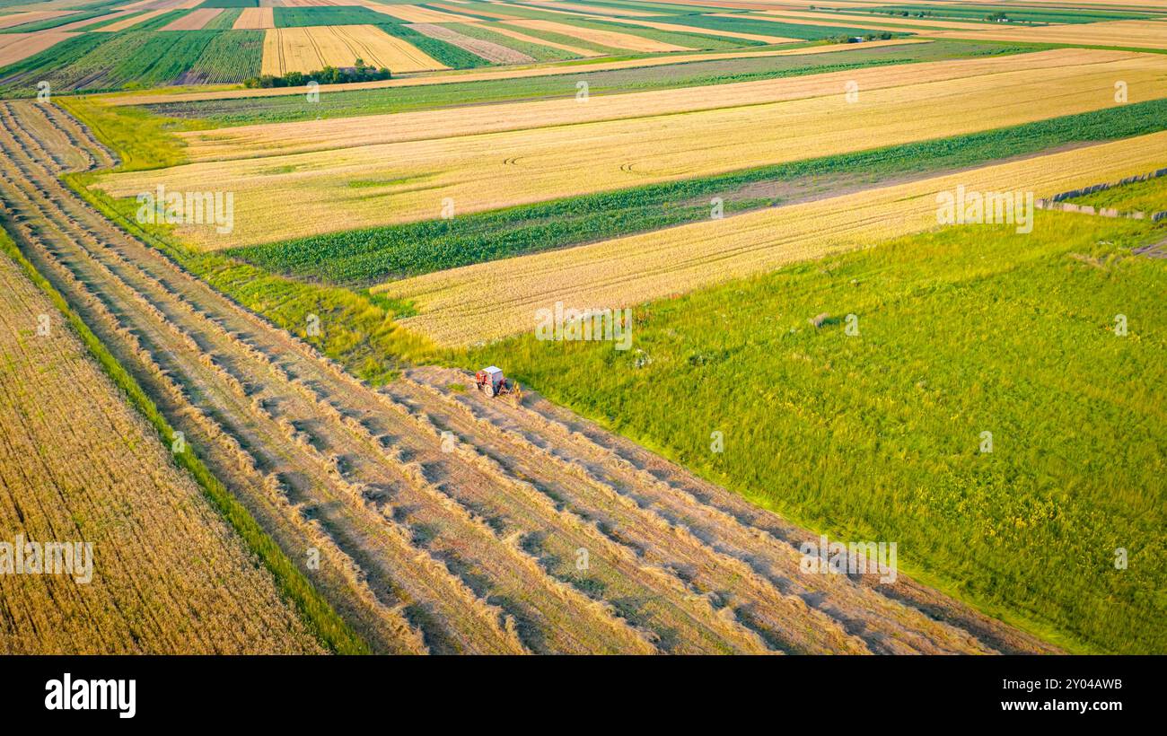 Tractor with attached mechanical rake is turning and gathering dry ...