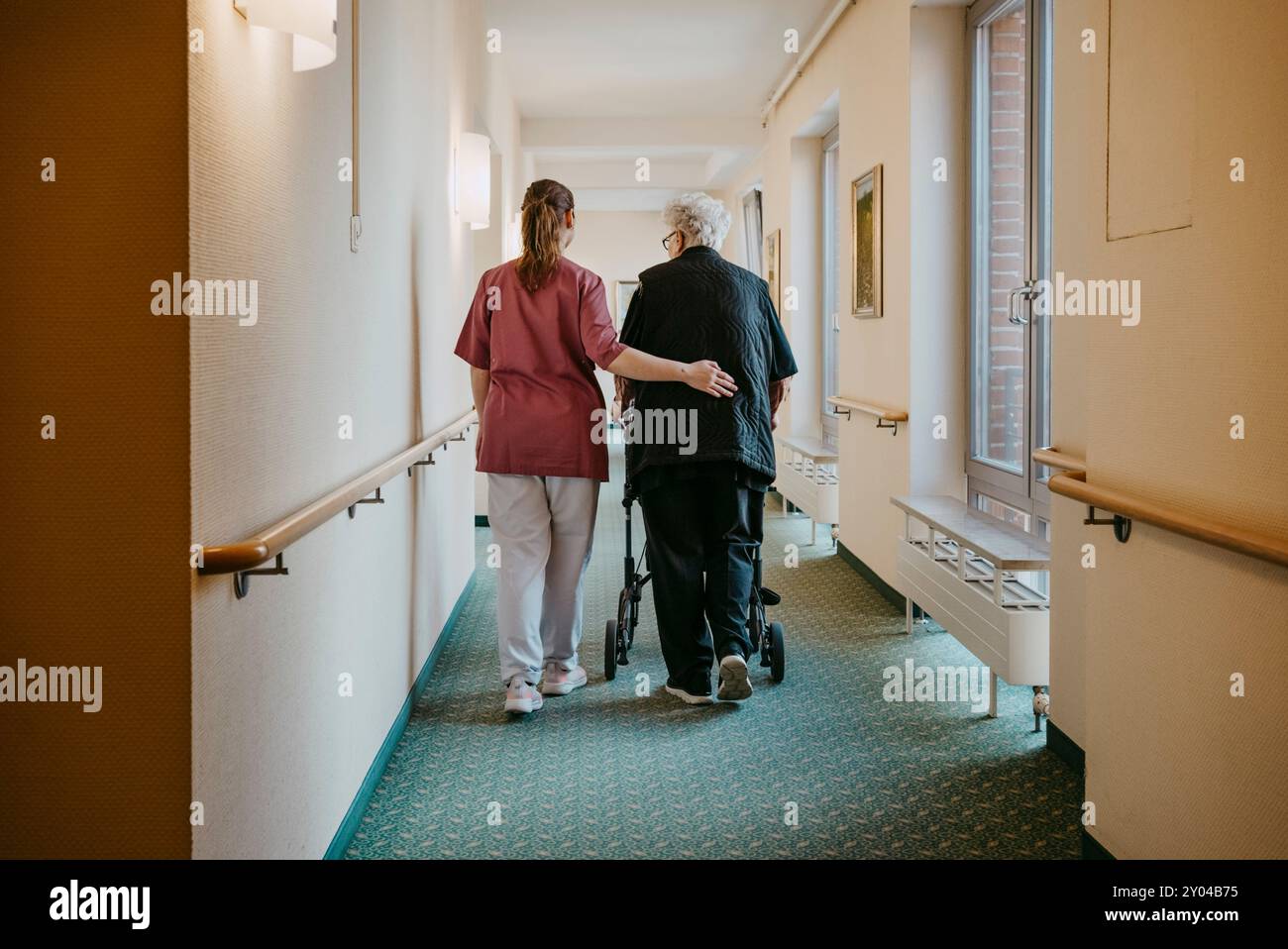 Rear view of female caregiver assisting senior woman walking with ...