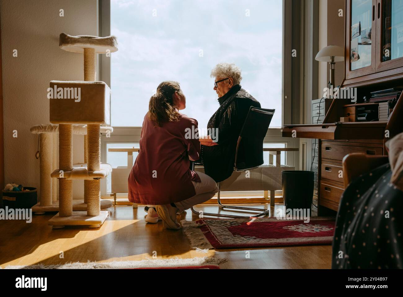 Female nurse crouching near senior woman sitting on chair near window ...