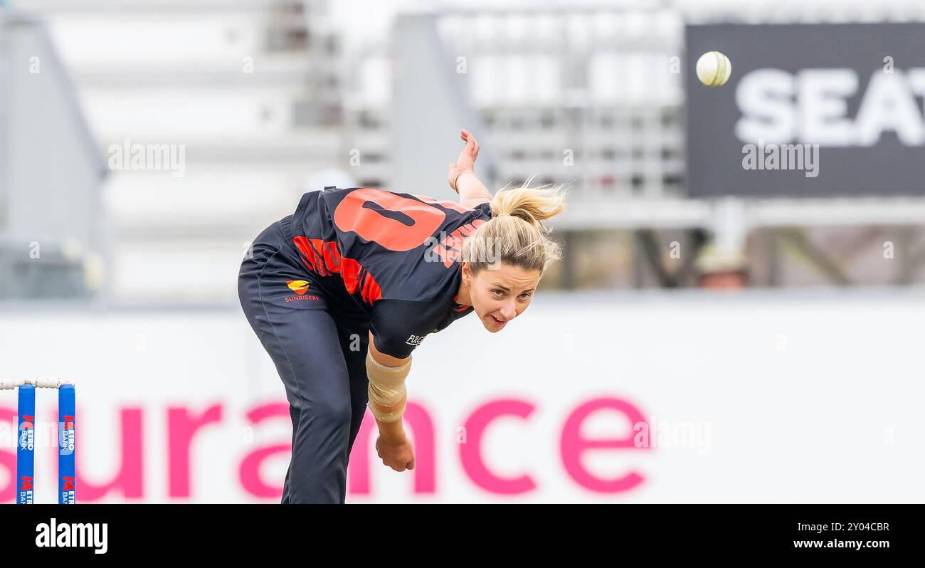 Eva Gray bowling for Sunrisers in a Rachel Heyhoe Flint Trophy fixture ...