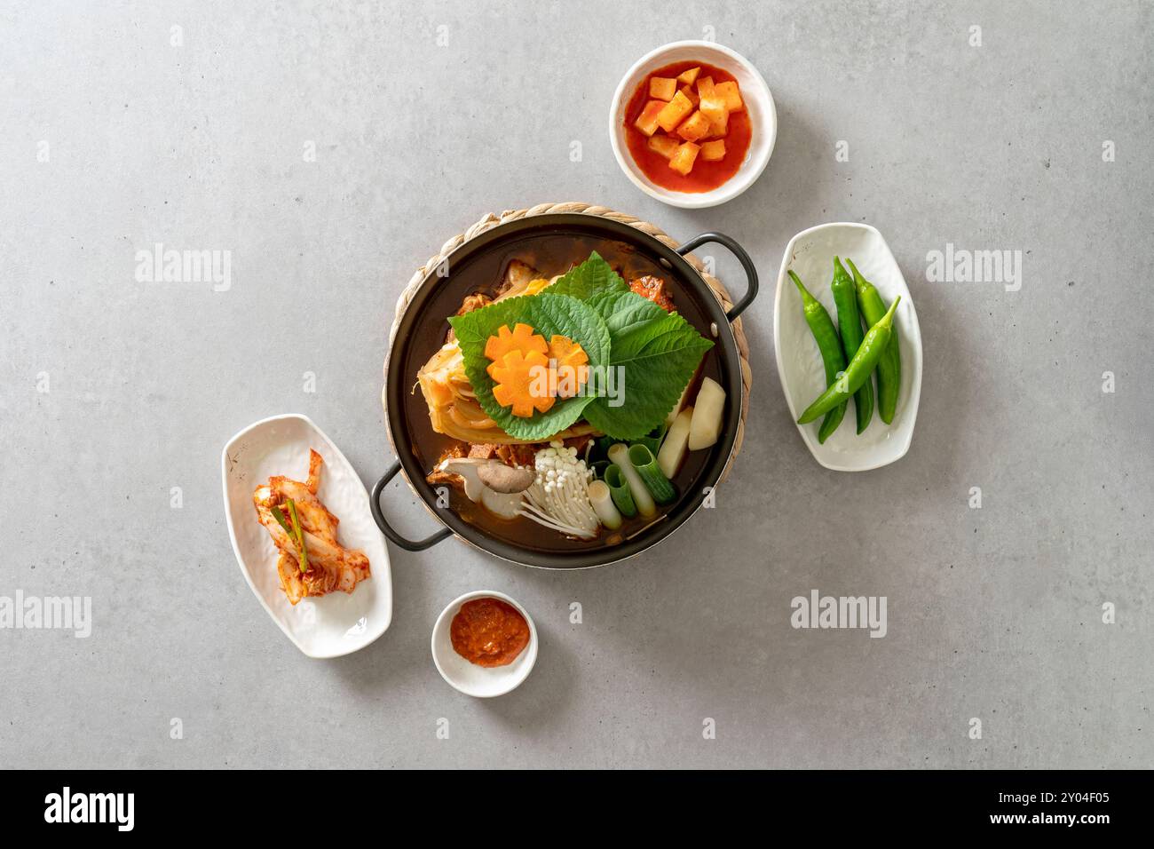 Korean food, gamjatang, pork backbone, soup, aged kimchi, earthen pot ...